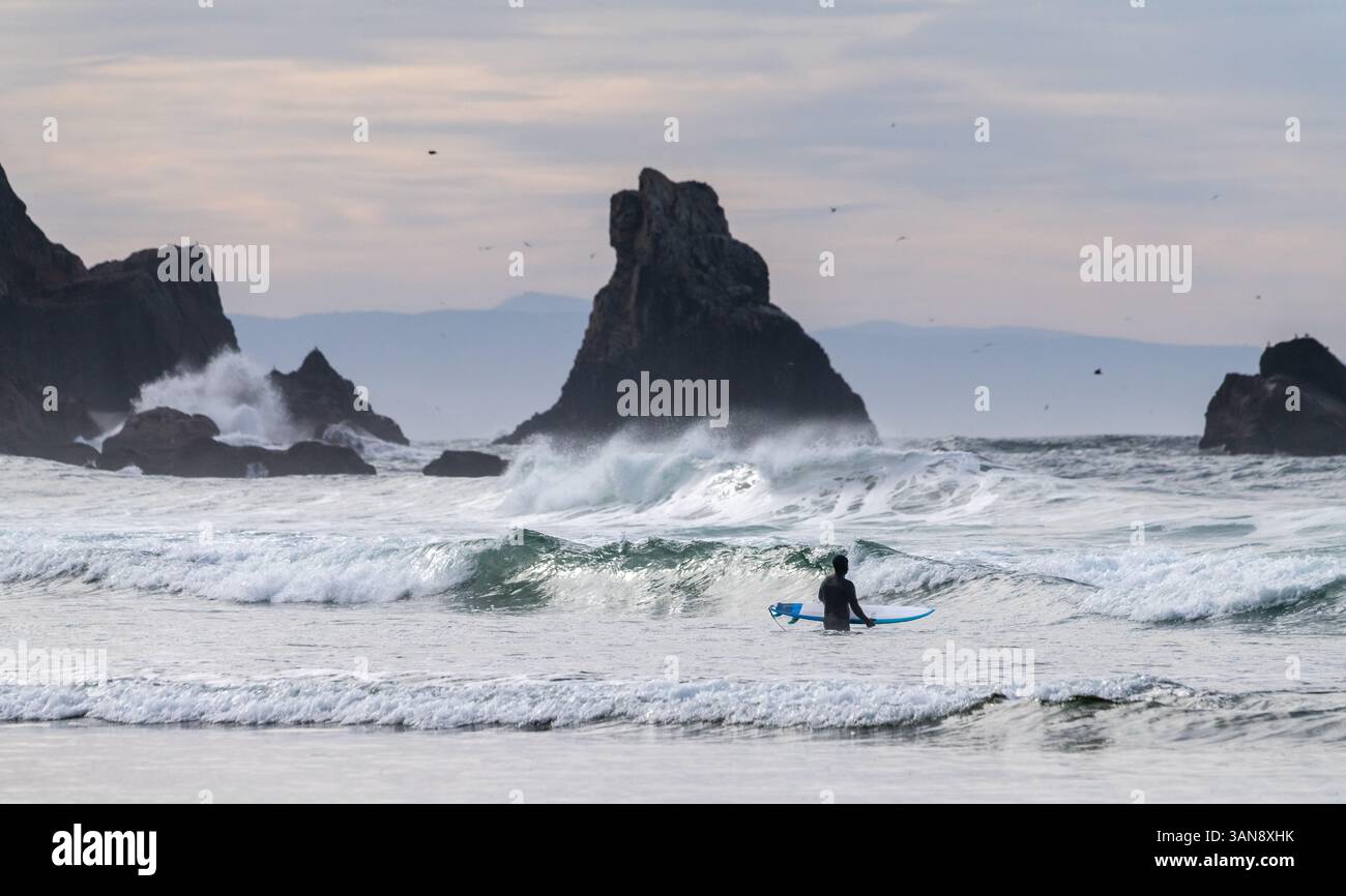 A surfer is riding a wave in the ocean. The sky is cloudy and the water ...