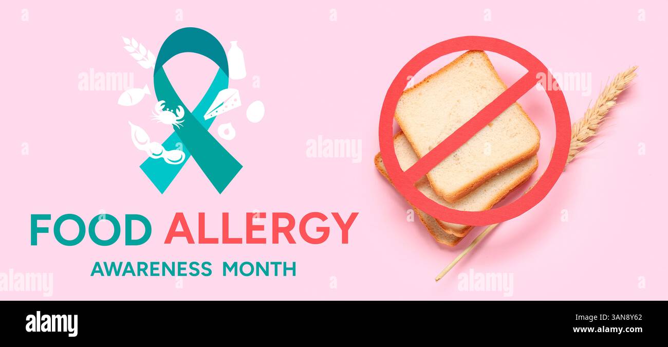 Stop sign with bread and spikelet on pink background. Food Allergy ...