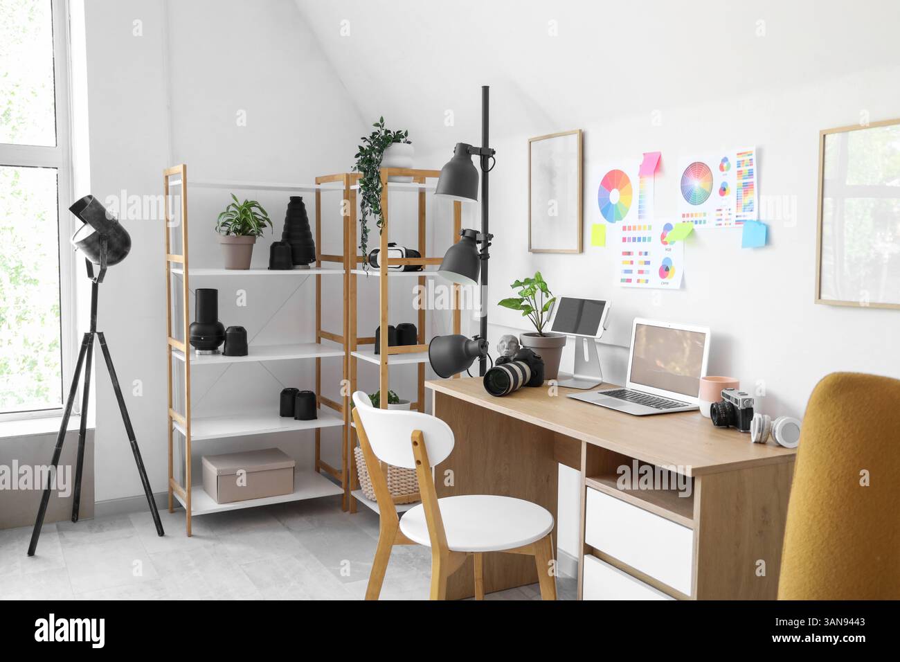 Photographer workplace with laptop, color wheel charts and cameras in ...