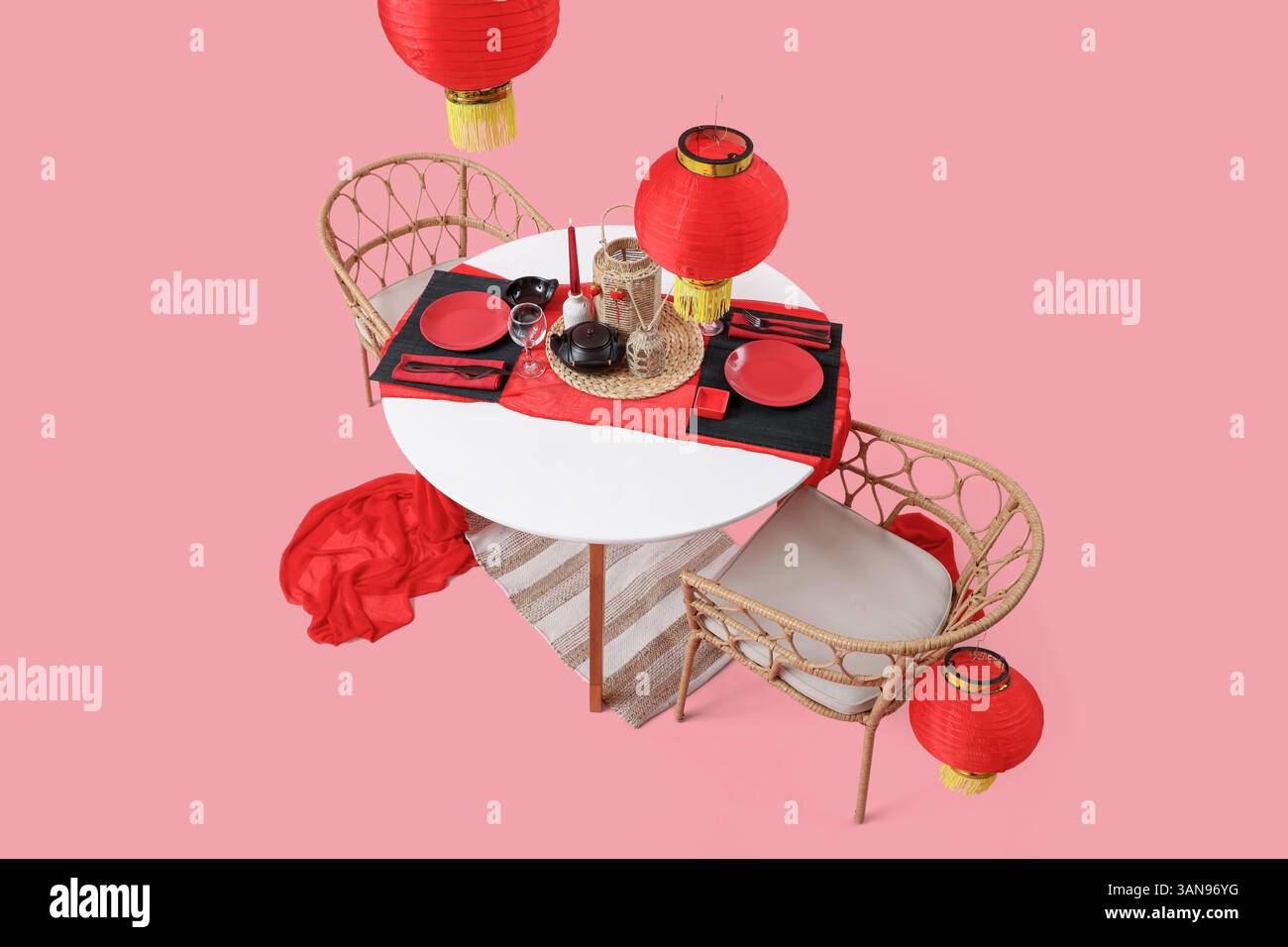 Restaurant table for two with traditional Chinese decorations and ...