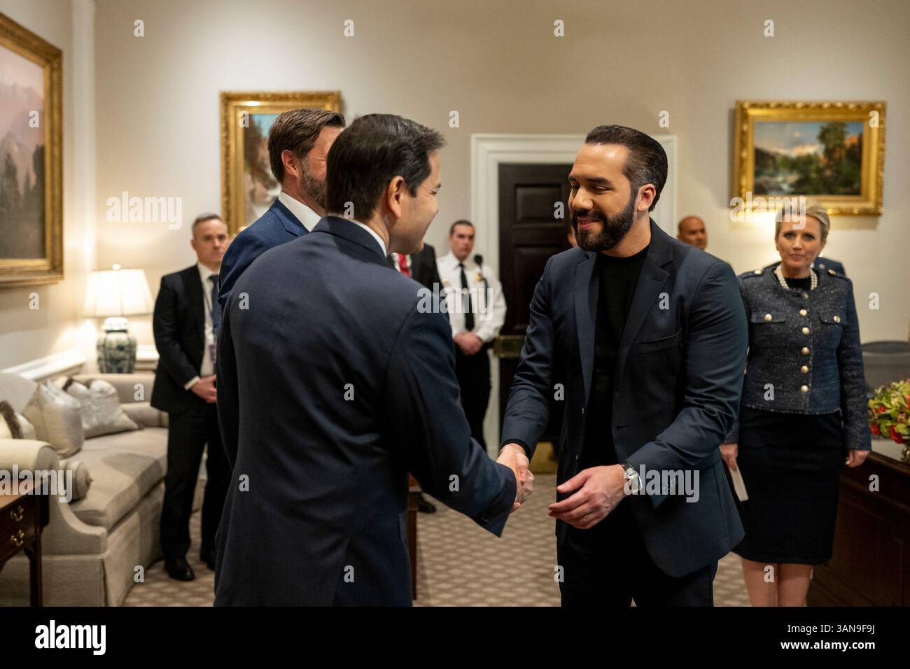 President Nayib Bukele of El Salvador greets members of the U.S ...