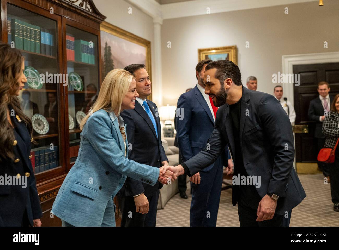President Nayib Bukele of El Salvador greets members of the U.S ...