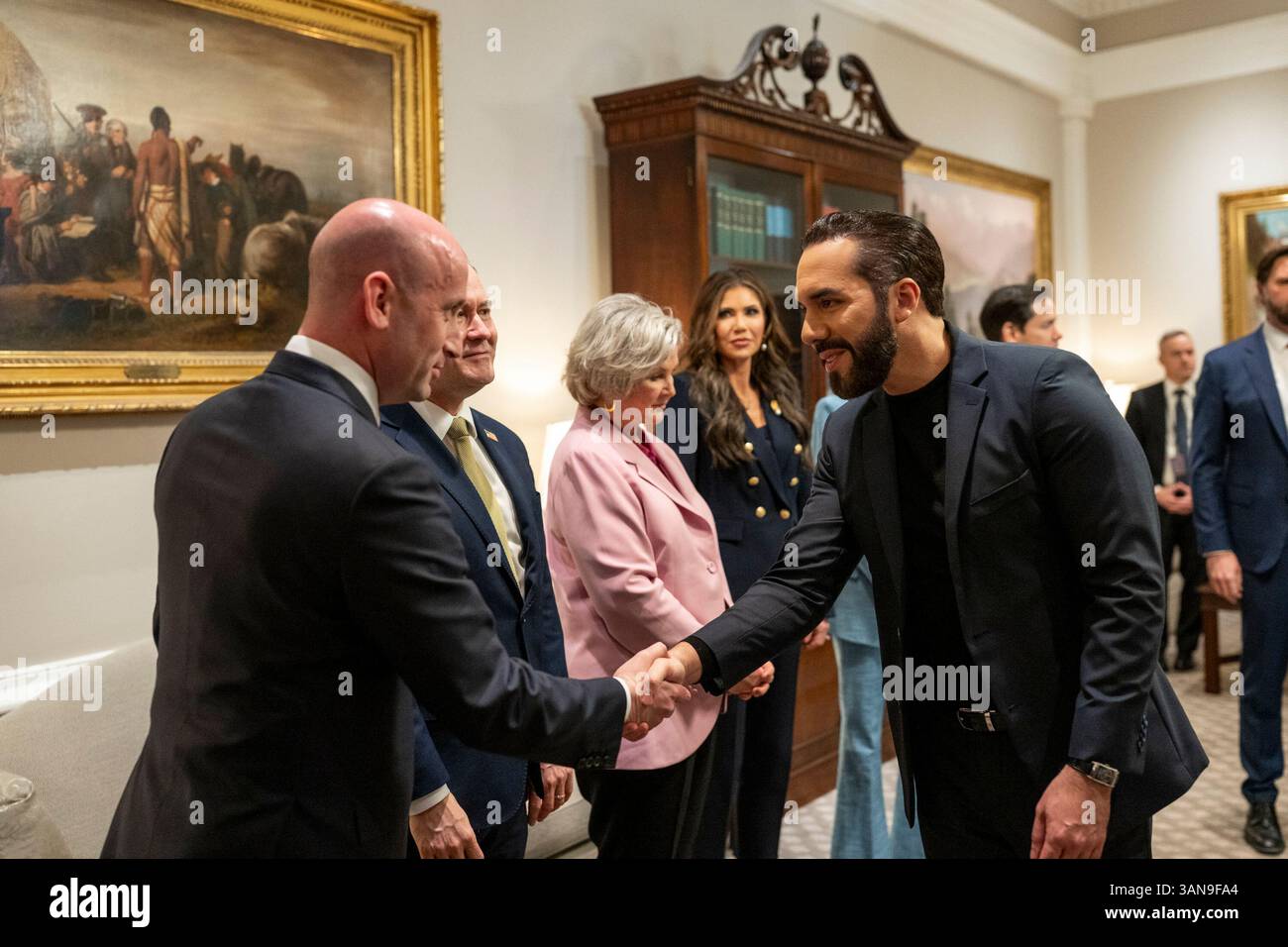 President Nayib Bukele of El Salvador greets members of the U.S ...