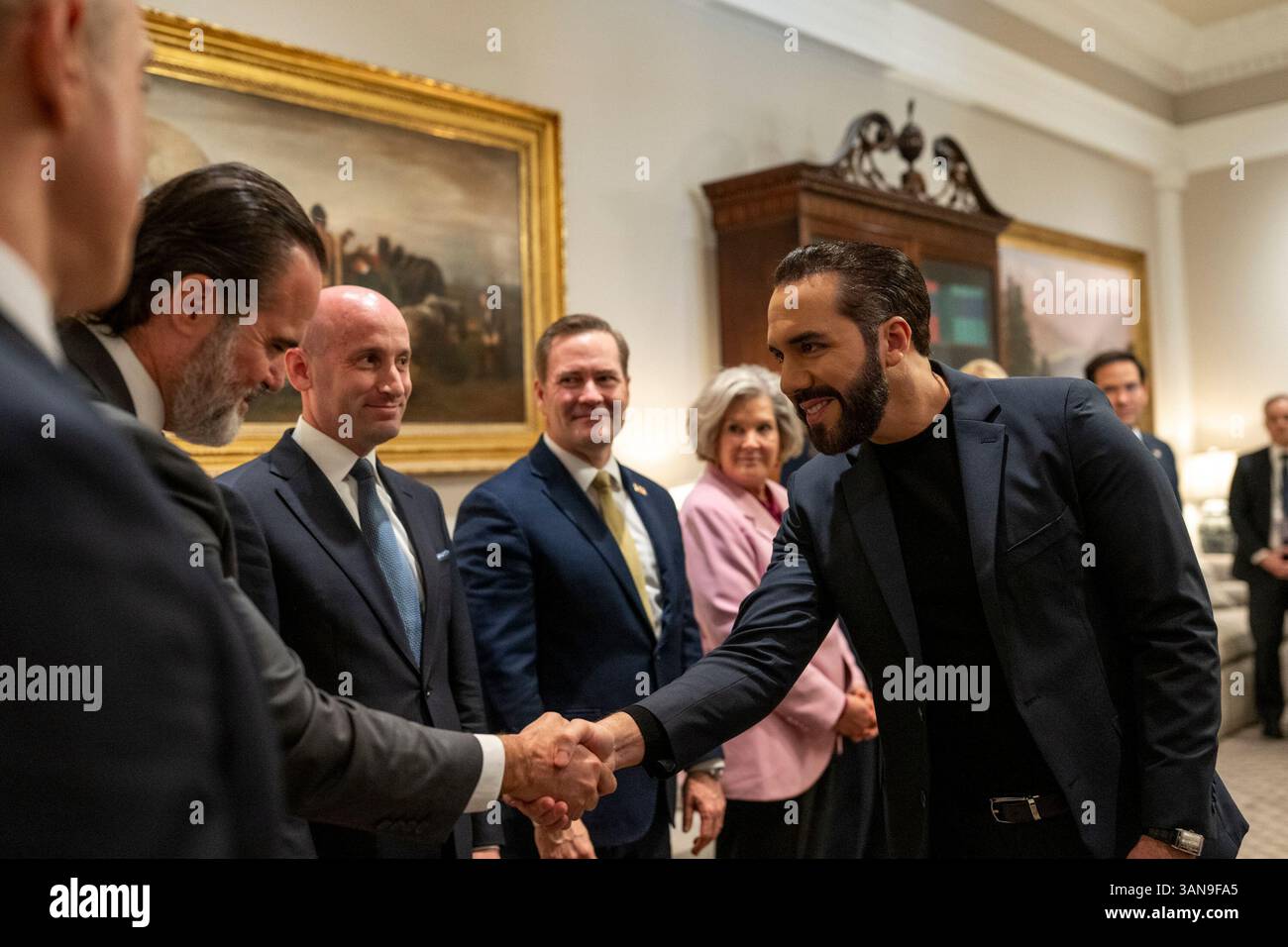 President Nayib Bukele of El Salvador greets members of the U.S ...