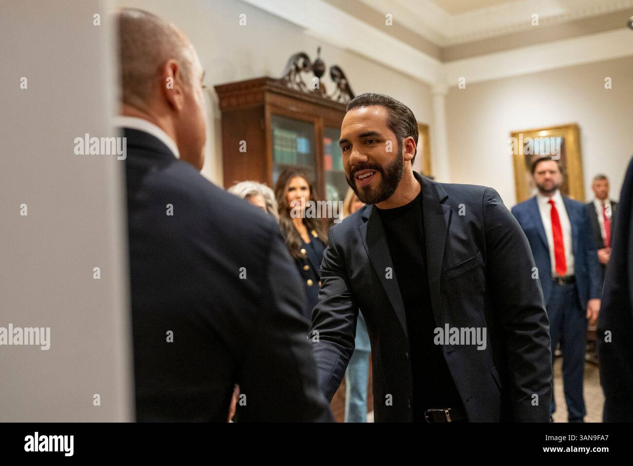 President Nayib Bukele of El Salvador greets members of the U.S ...