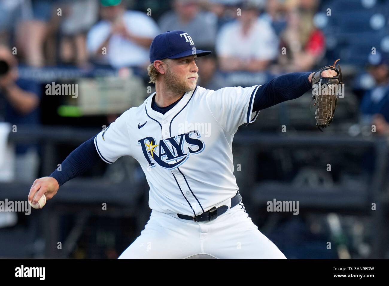 Tampa Bay Rays pitcher Shane Baz delivers to the Boston Red Sox during ...