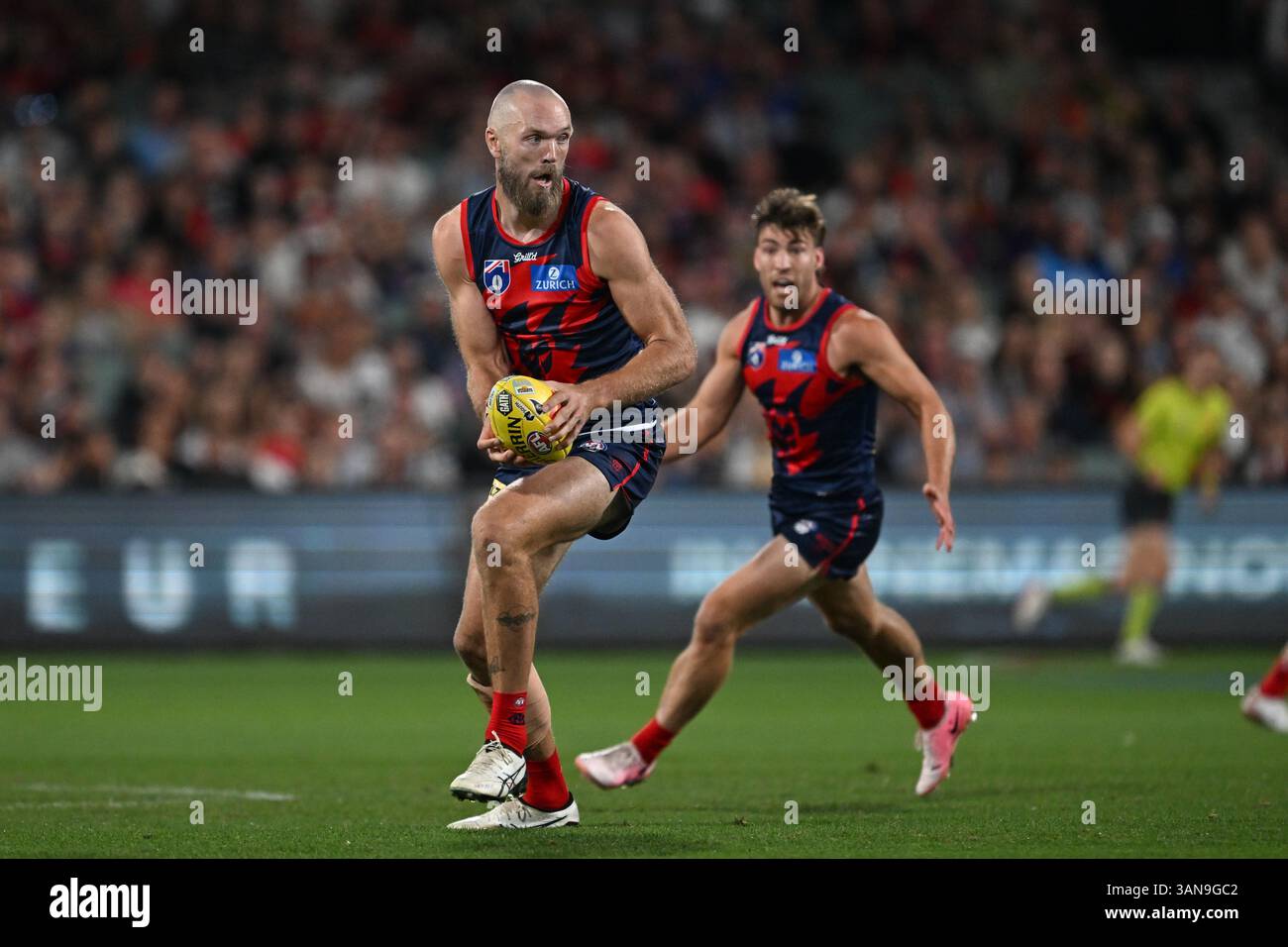 Adelaide, Australia. 12th Apr, 2025. Max Gawn of Melbourne clears with ...