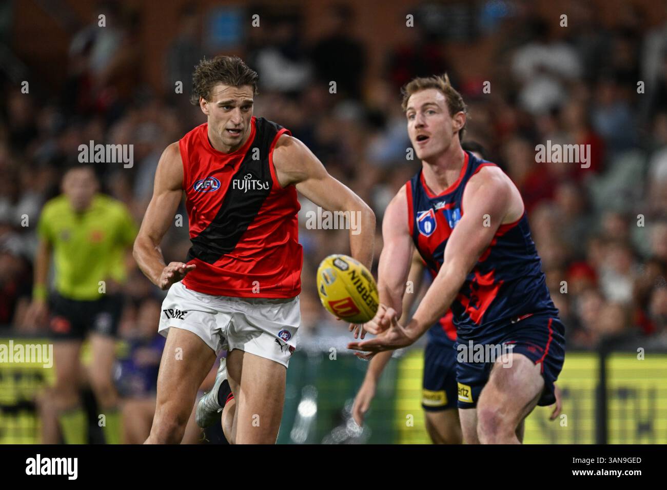 Adelaide, Australia. 12th Apr, 2025. Harrison Jones of Essendon arrives ...
