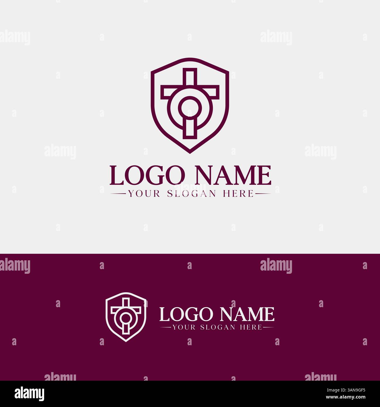 Church vector logo design with line art Christian cross and shield ...
