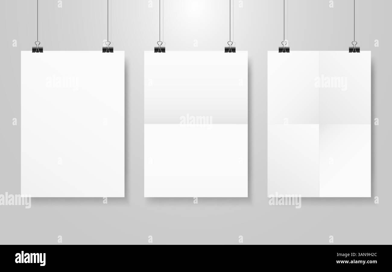 Poster mockup set. Three crumpled paper poster. White A4 hanging on a ...