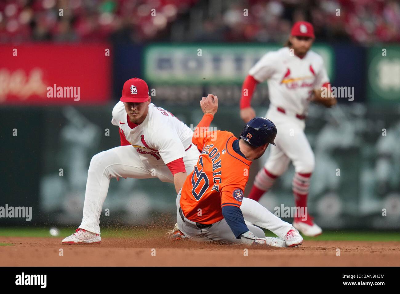 Houston Astros' Chas McCormick (20) is caught stealing second as St ...