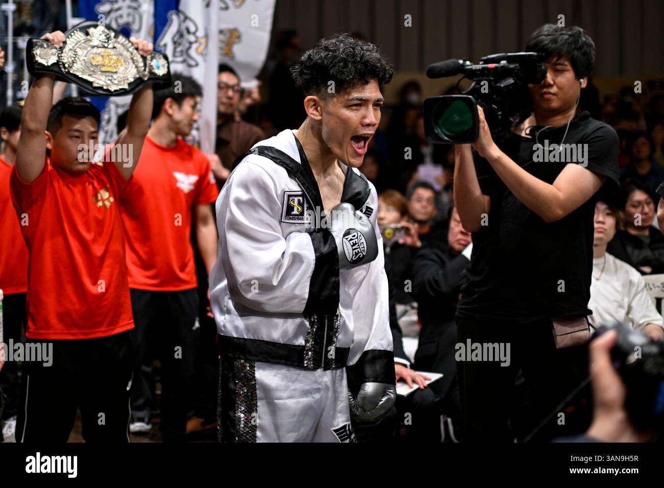 Tokyo, Japan. 8th Apr, 2025. Champion Toshiki Kawamitsu enters the ring ...