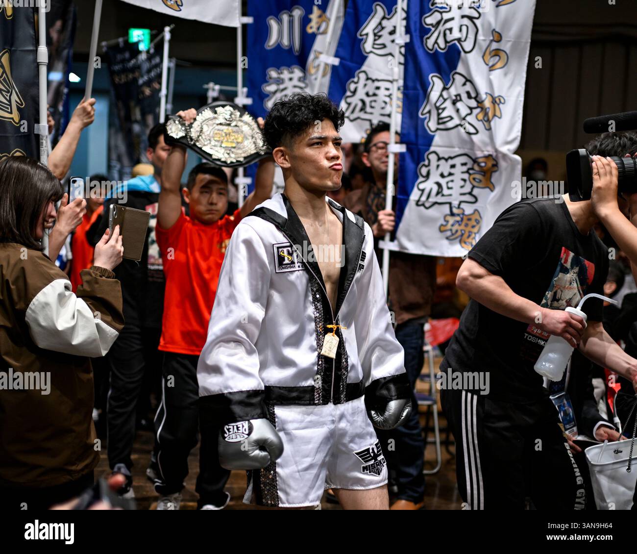 Tokyo, Japan. 8th Apr, 2025. Champion Toshiki Kawamitsu enters the ring ...