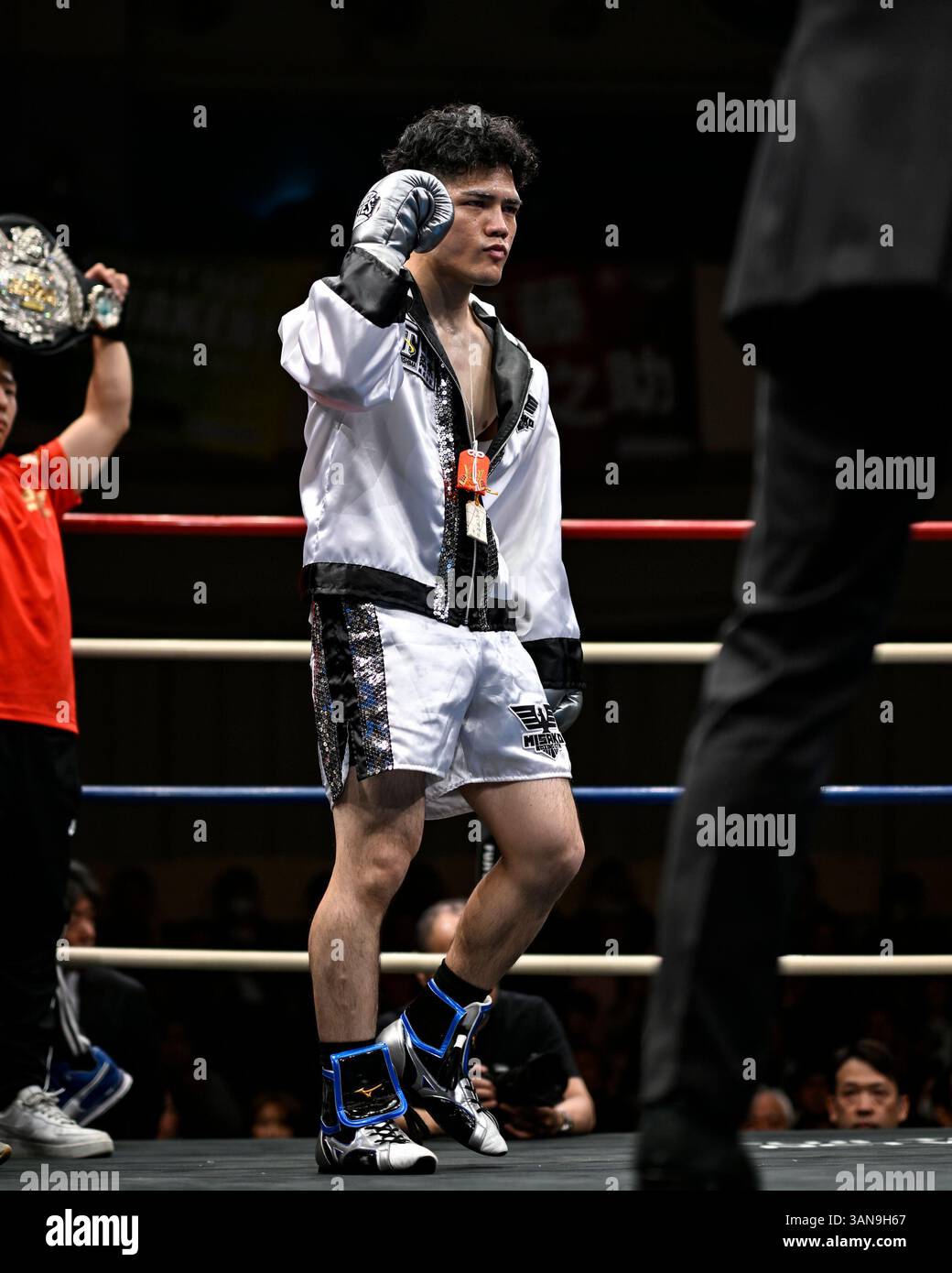 Tokyo, Japan. 8th Apr, 2025. Champion Toshiki Kawamitsu enters the ring ...