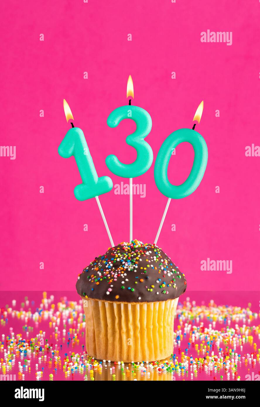 Birthday card with cupcake and number 130 candle - Pink background ...