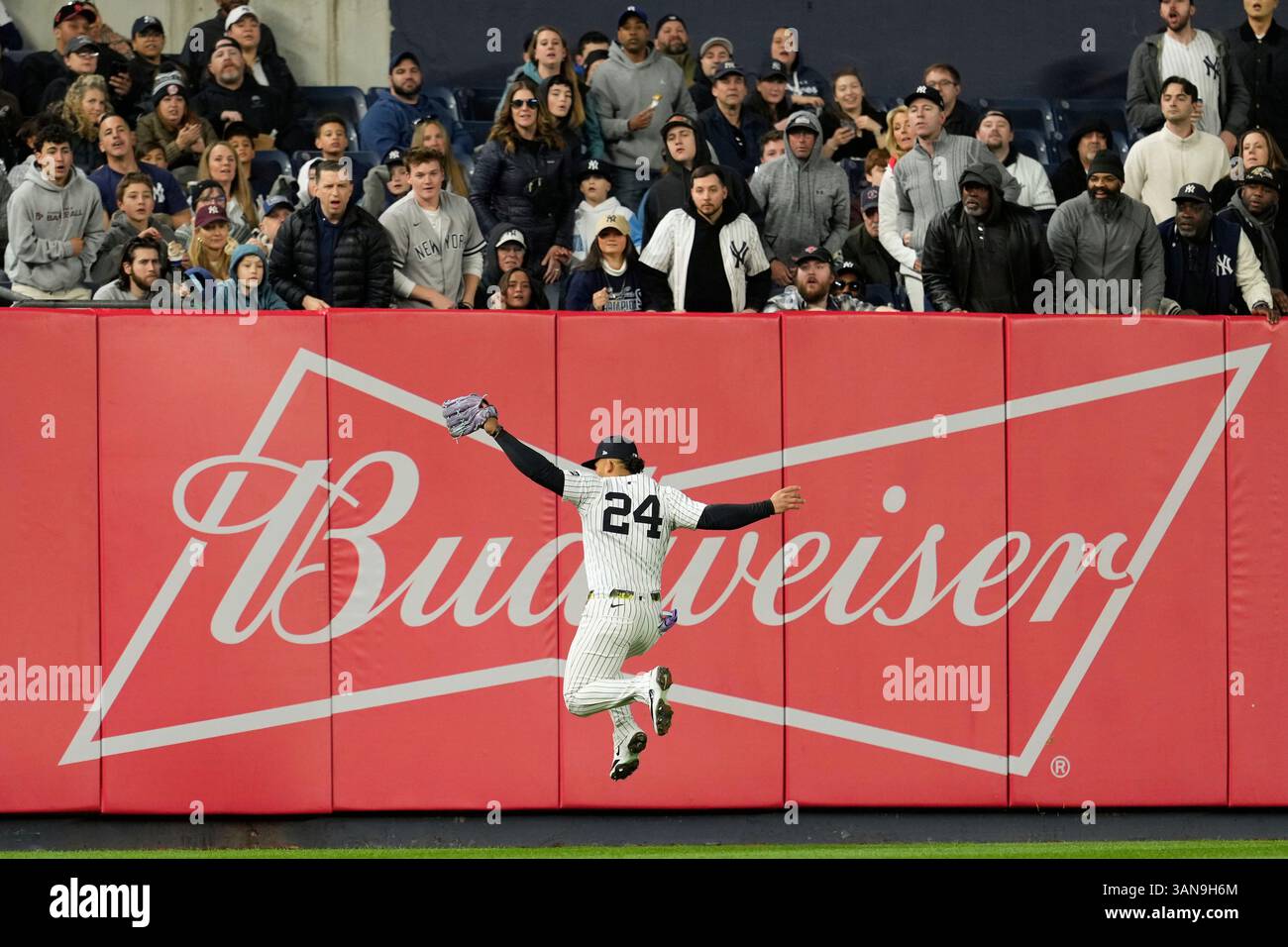 New York Yankees outfielder Jasson Domínguez makes a leaping catch ...