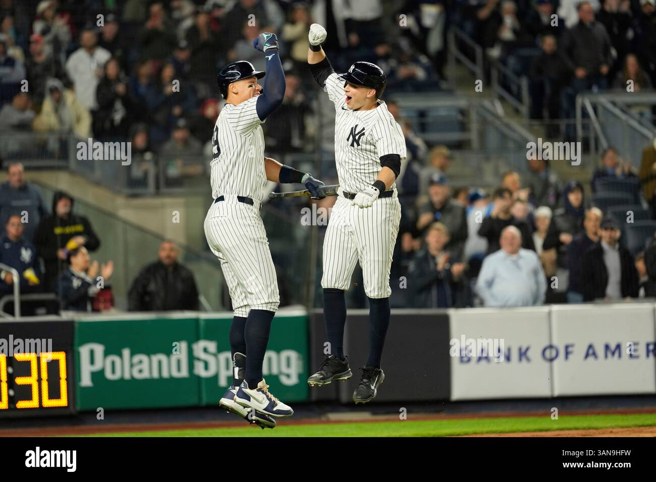 New York Yankees' Ben Rice, right, celebrates his solo home run with ...