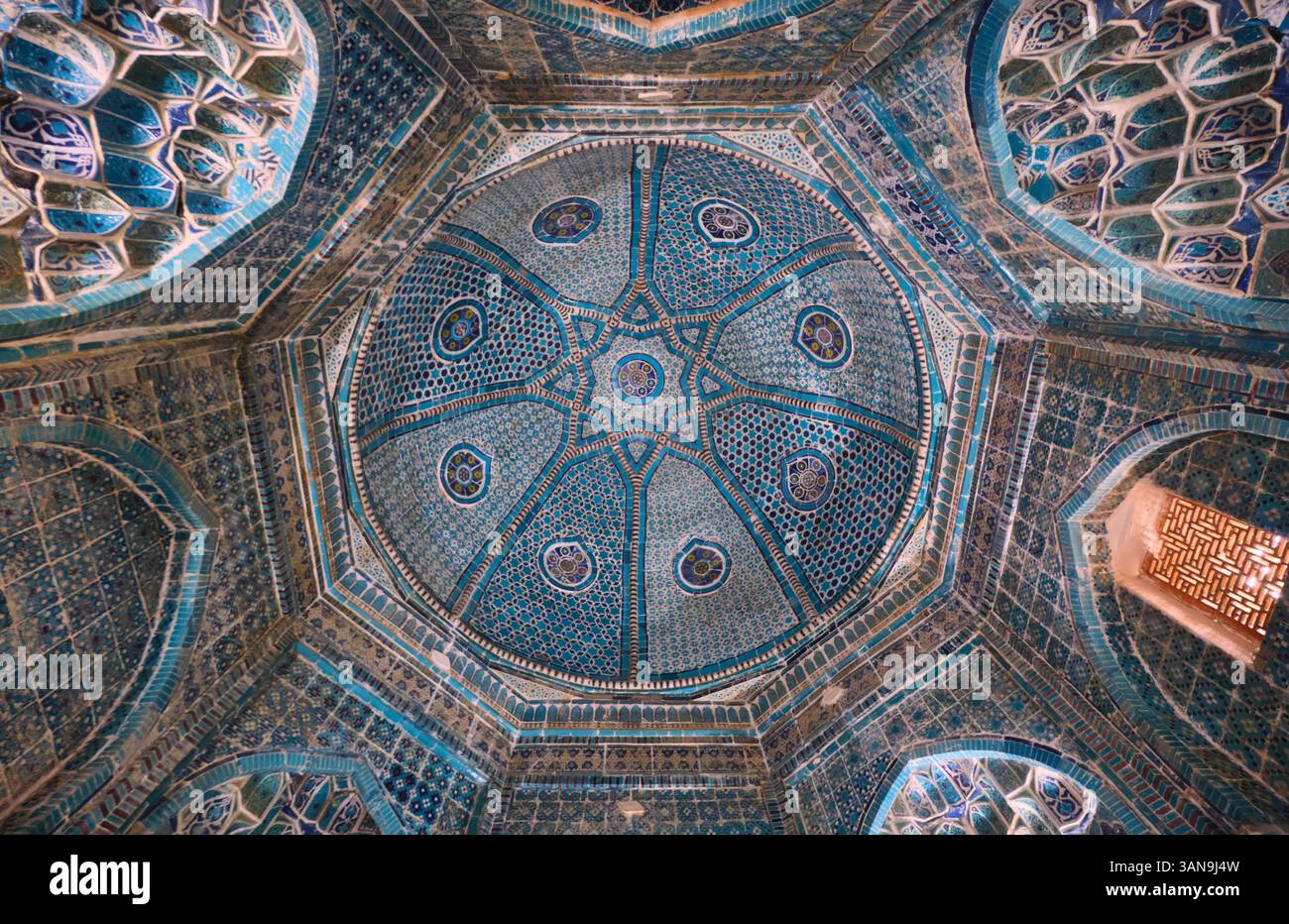 The complex, tiled, interior dome at Shodi Mulk Oko mausoleum. At the ...