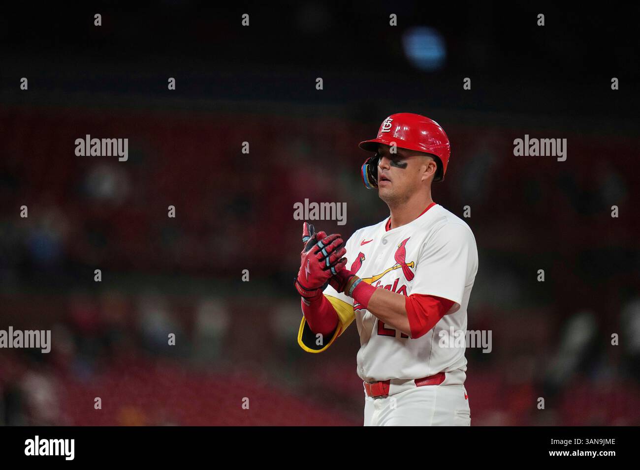 St. Louis Cardinals' Lars Nootbaar (21) celebrates after hitting an RBI ...