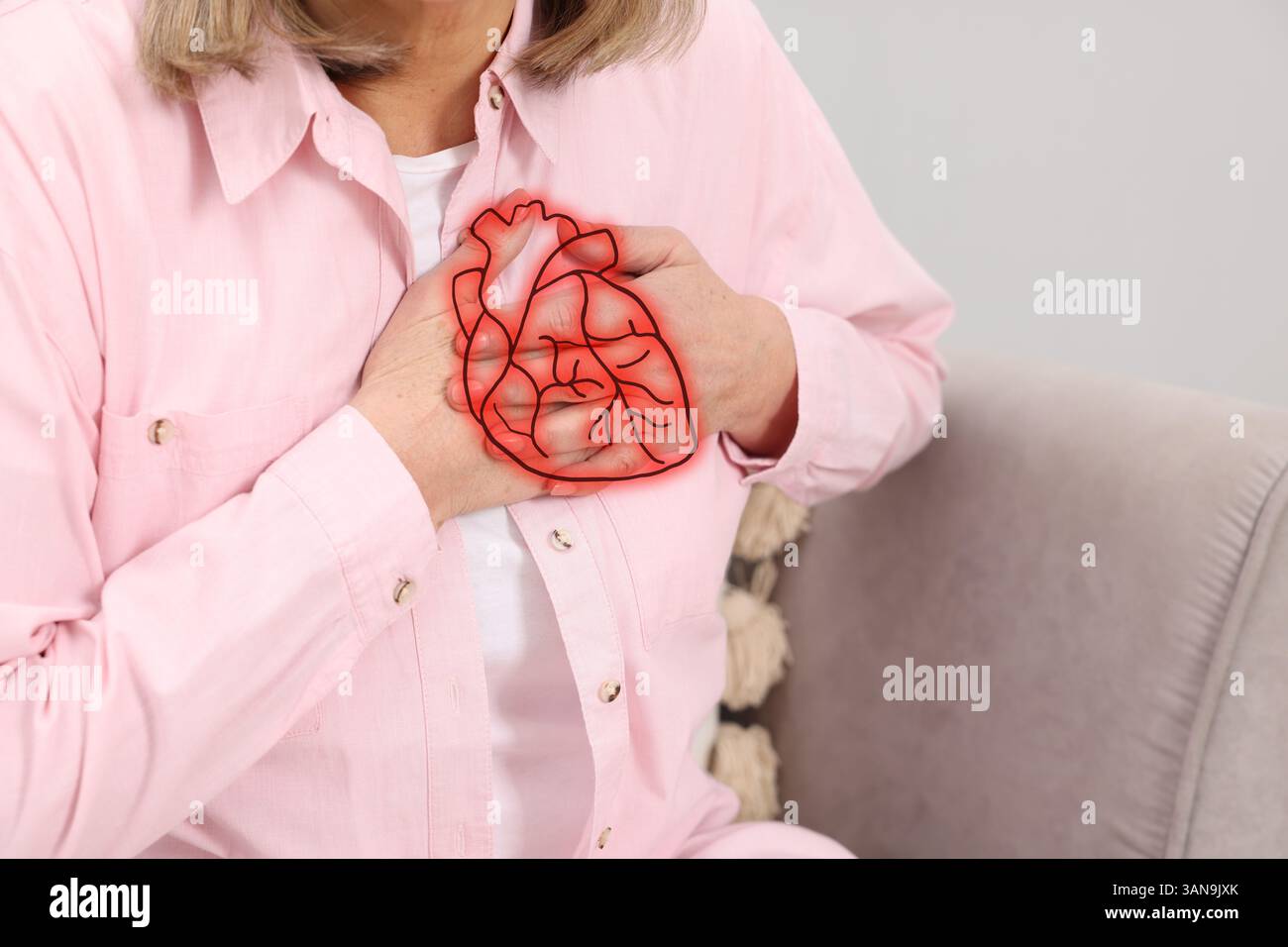 Senior woman suffering from heart attack indoors, closeup. Illustration ...