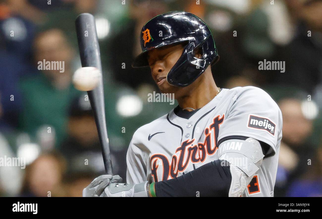 Detroit Tigers' Justyn-Henry Malloy reacts to a high and tight pitch ...