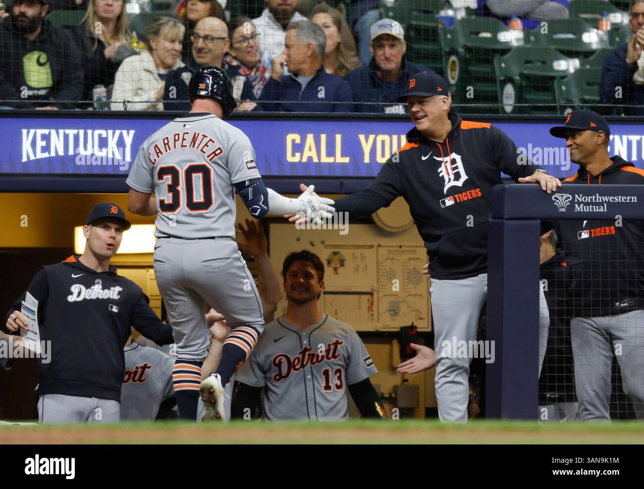 Detroit Tigers' Kerry Carpenter (30) receives congratulations after ...