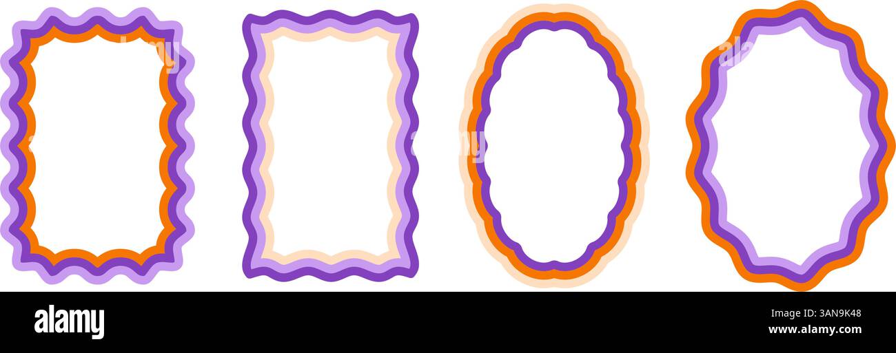 Retro wavy pattern frame set. Scalloped ellipse and rectangle border ...