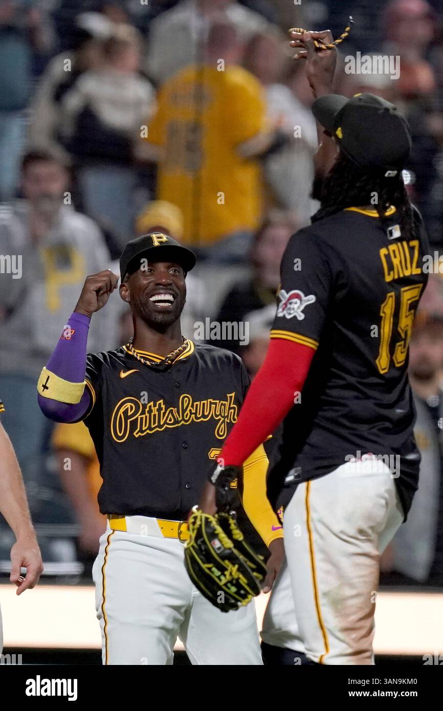 Pittsburgh Pirates' Andrew McCutchen, left, celebrates with Oneil Cruz ...