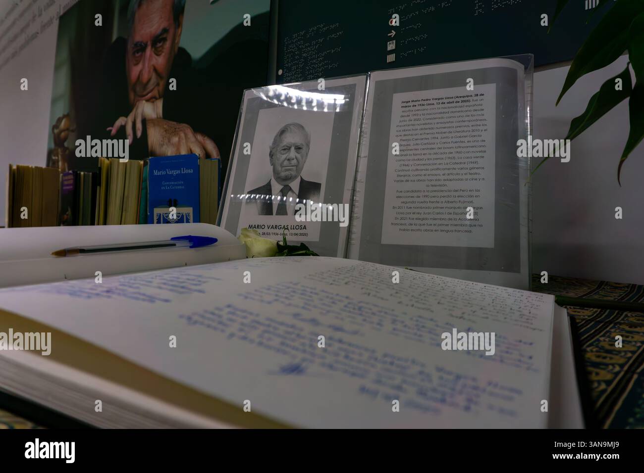 Madrid, Spain. 14th Apr, 2025. A guest book and a portrait of the ...