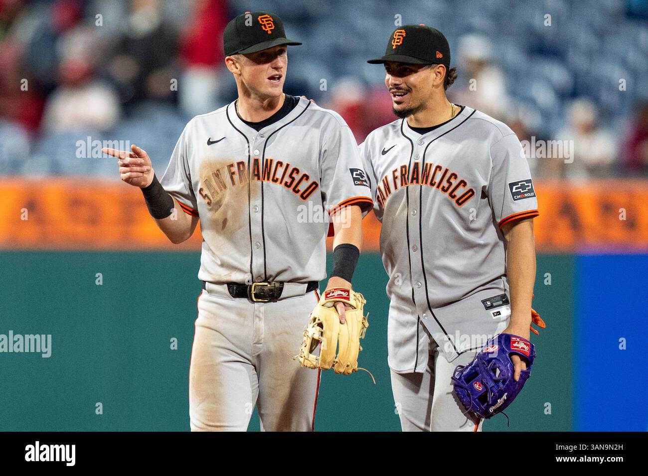 San Francisco Giants' Tyler Fitzgerald, left, celebrates the win with ...