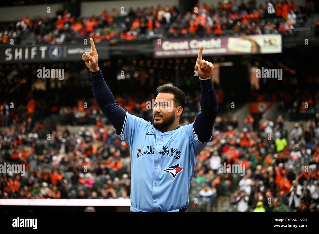 Toronto Blue Jays' Anthony Santander reacts as he was acknowledged ...