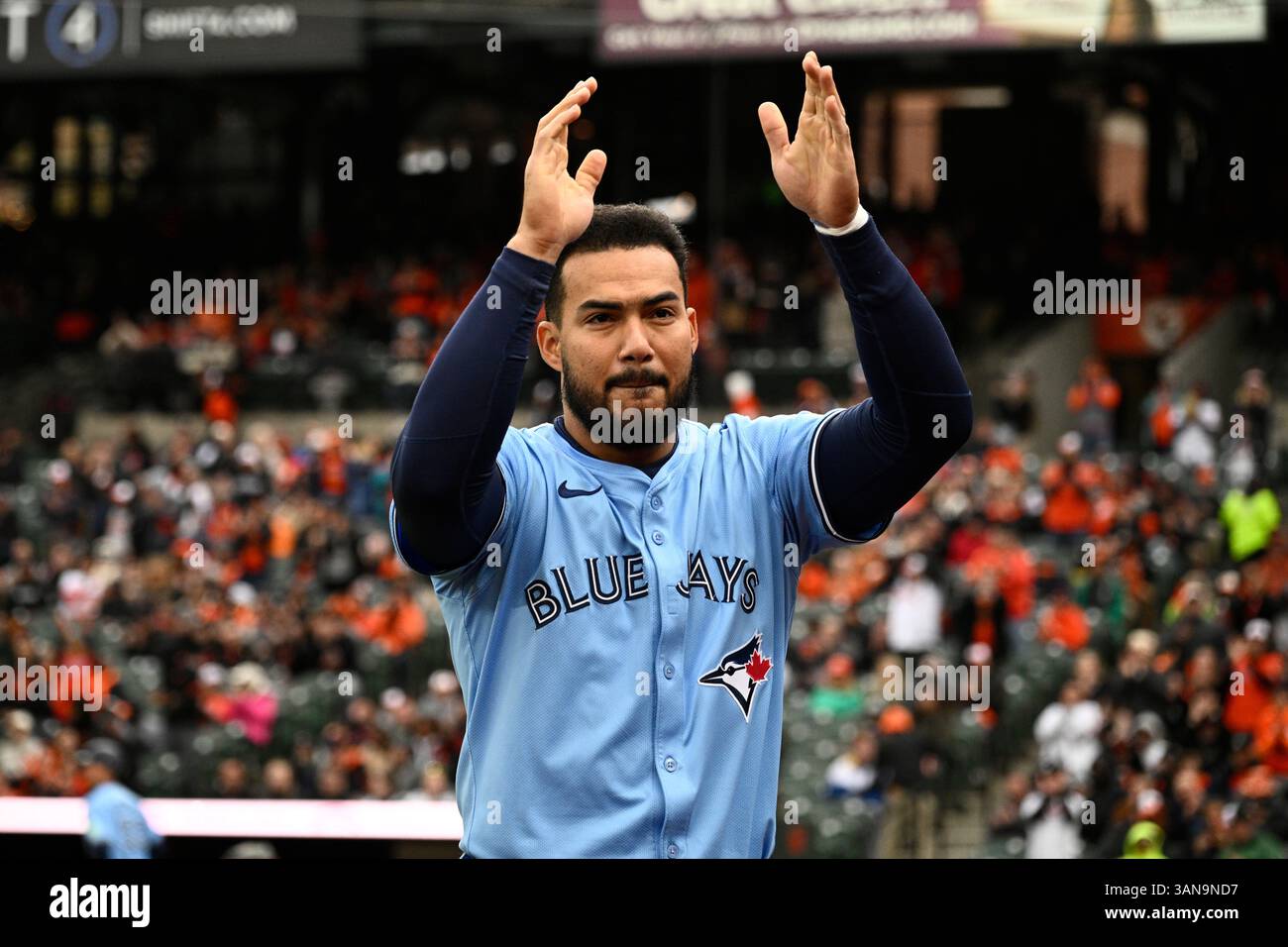 Toronto Blue Jays' Anthony Santander reacts as he was acknowledged ...