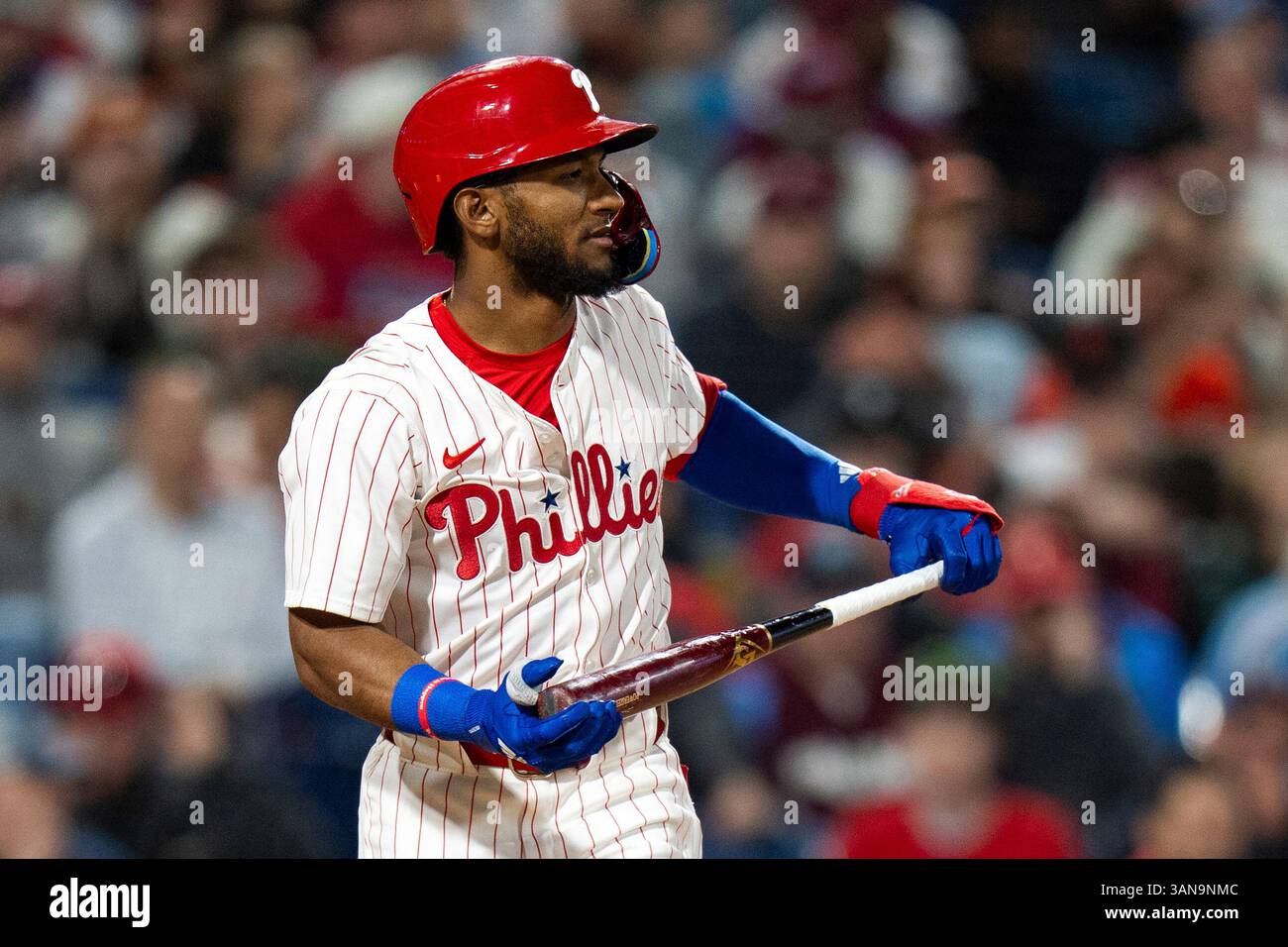 Philadelphia Phillies' Johan Rojas looks on after striking out during ...