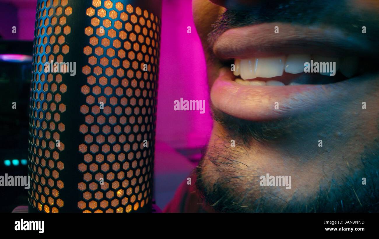 Close up streamer mouth Indian Latino man guy talking speaking ...