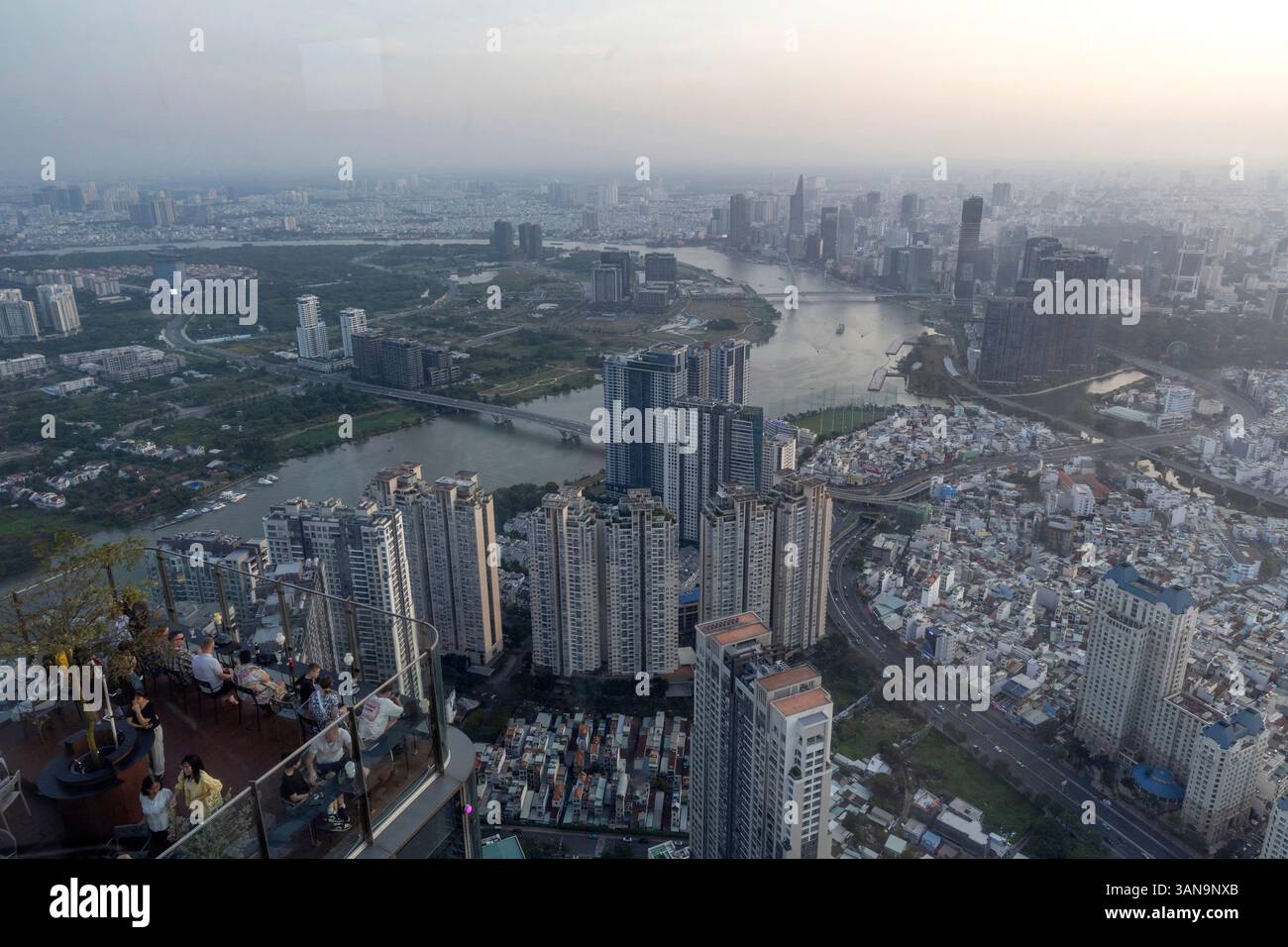 An aerial view of the bend of Saigon River from a sightseeing bar on ...