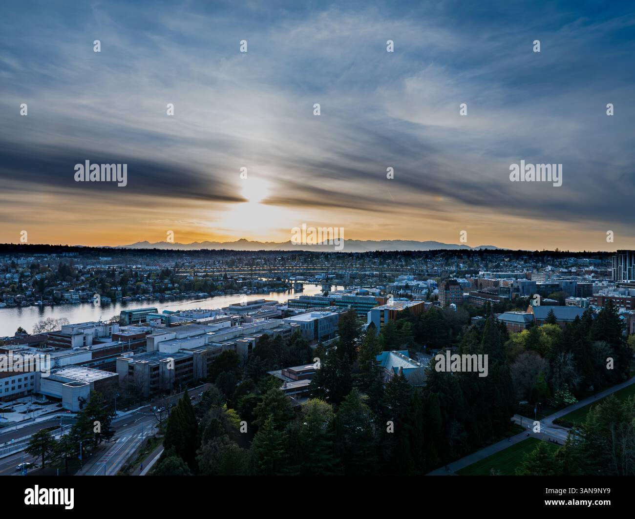 Seattle WA USA - April 7th 2025: Drone view of UW and I-5 bridge at ...