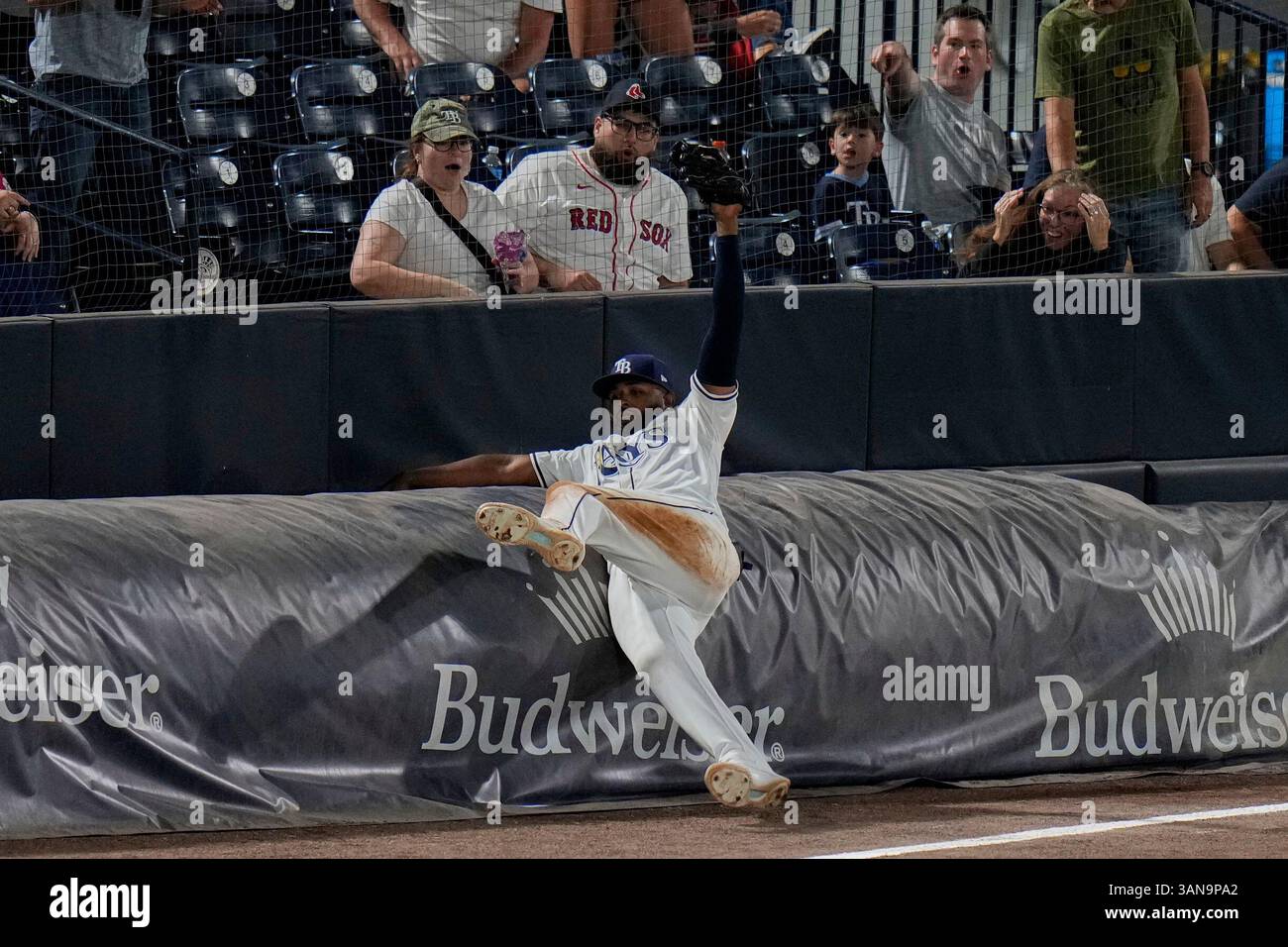 Tampa Bay Rays third base Junior Caminero makes the catch on a pop out ...