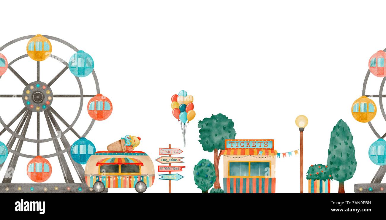A vibrant carnival scene featuring a Ferris wheel and festive ...