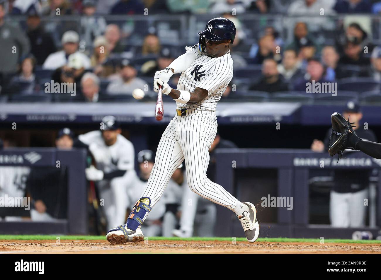 BRONX, NY - APRIL 14: Jazz Chisholm Jr. #13 of the New York Yankees hits a home run during the ...