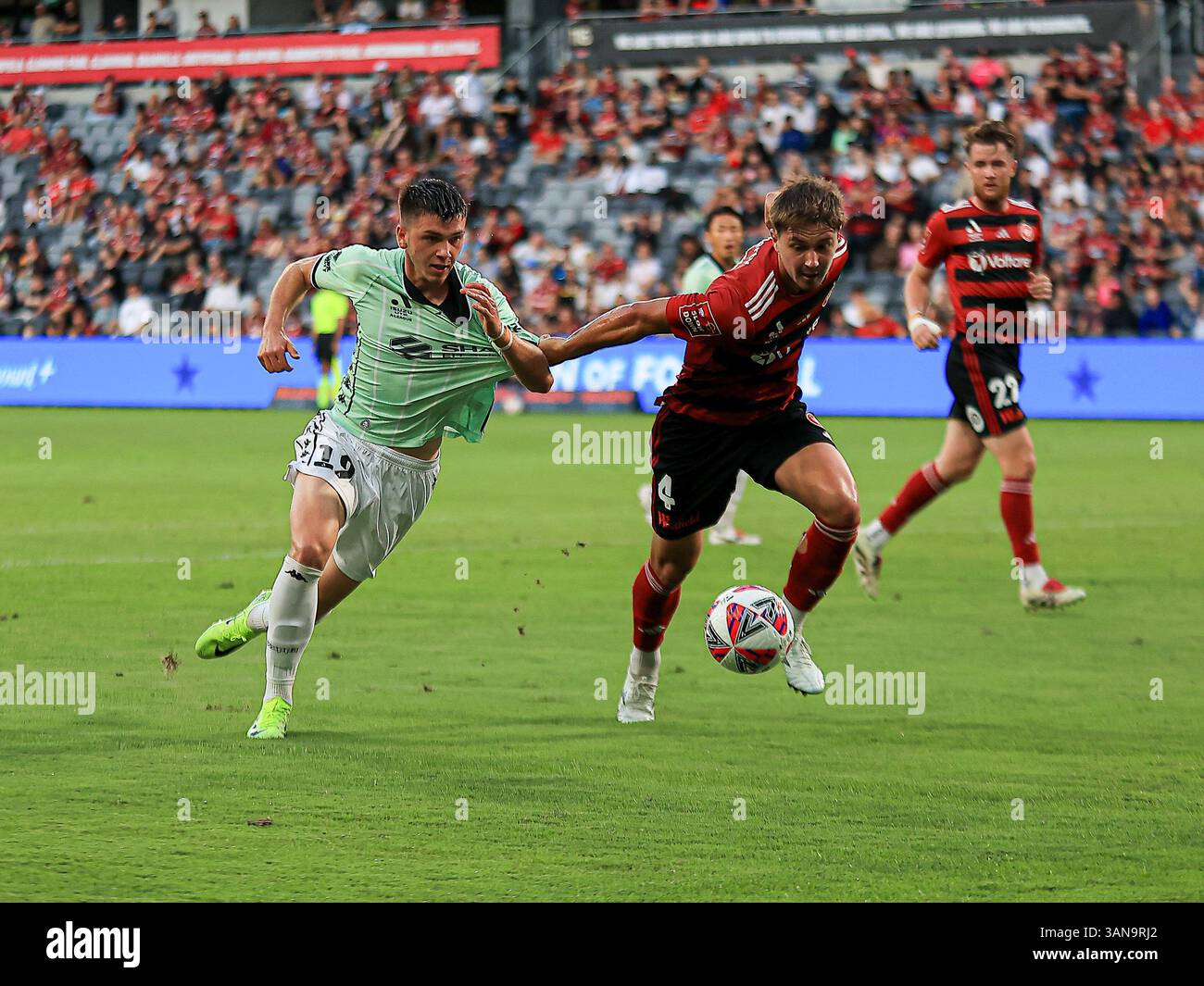 Paramatta, Australia. 13th Apr, 2025. Noah Botic†(L) of Western United ...