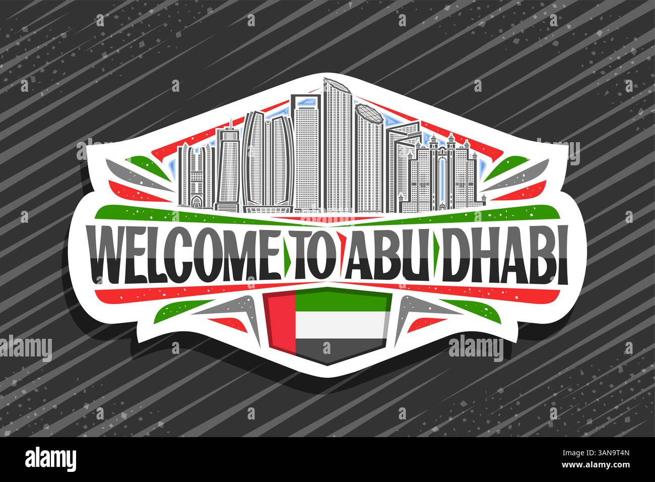 Vector logo for Abu Dhabi, decorative cut paper badge with illustration of famous contemporary ...