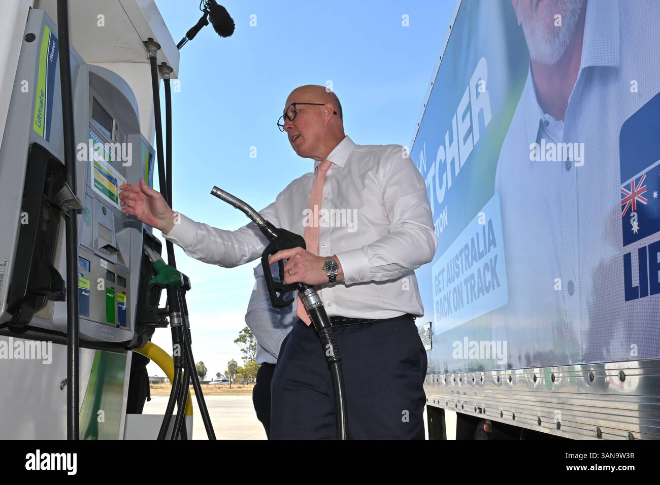 Leader of the Opposition Peter Dutton at a petrol station in Rockbank ...