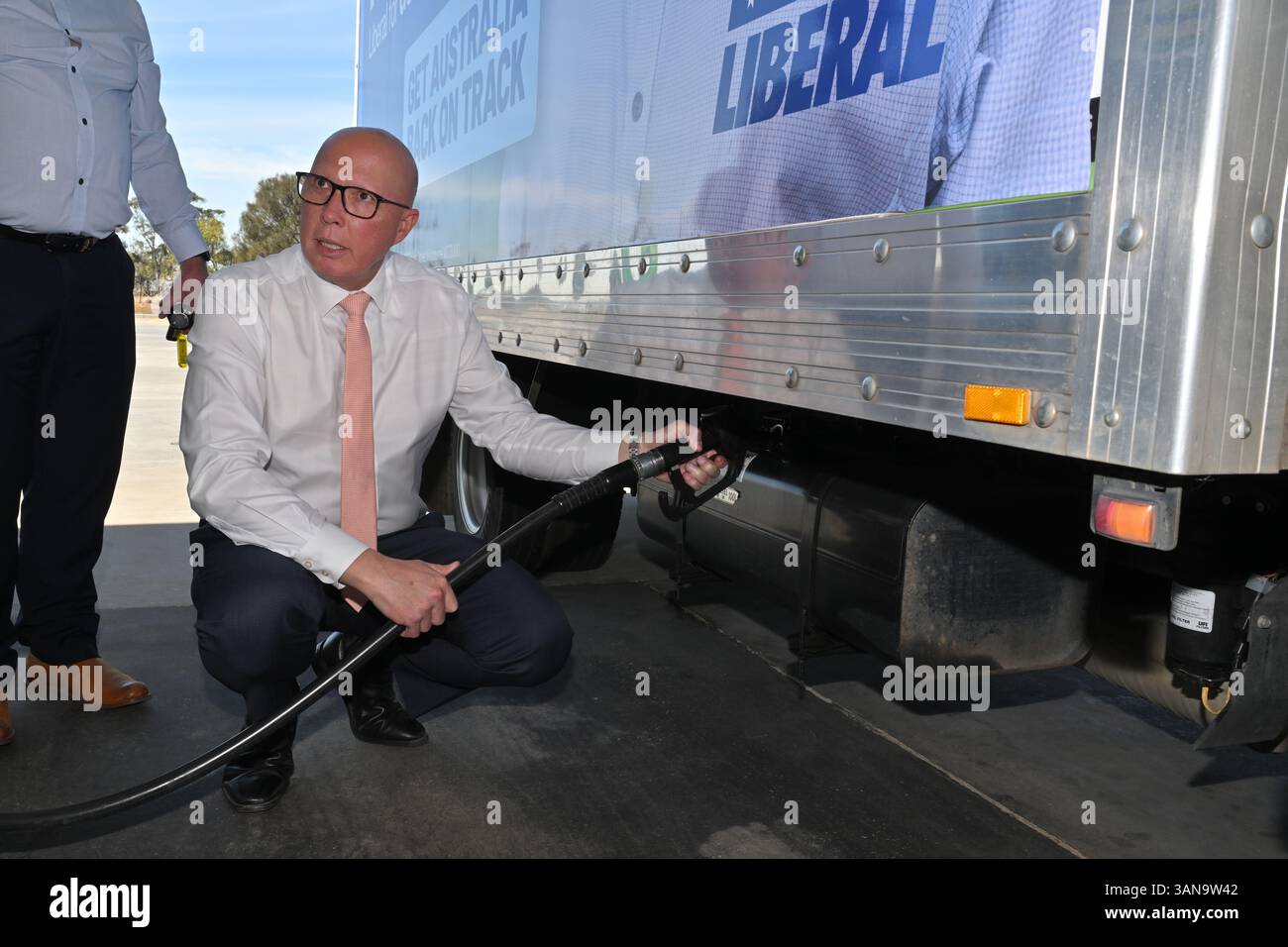 Leader of the Opposition Peter Dutton at a petrol station in Rockbank ...