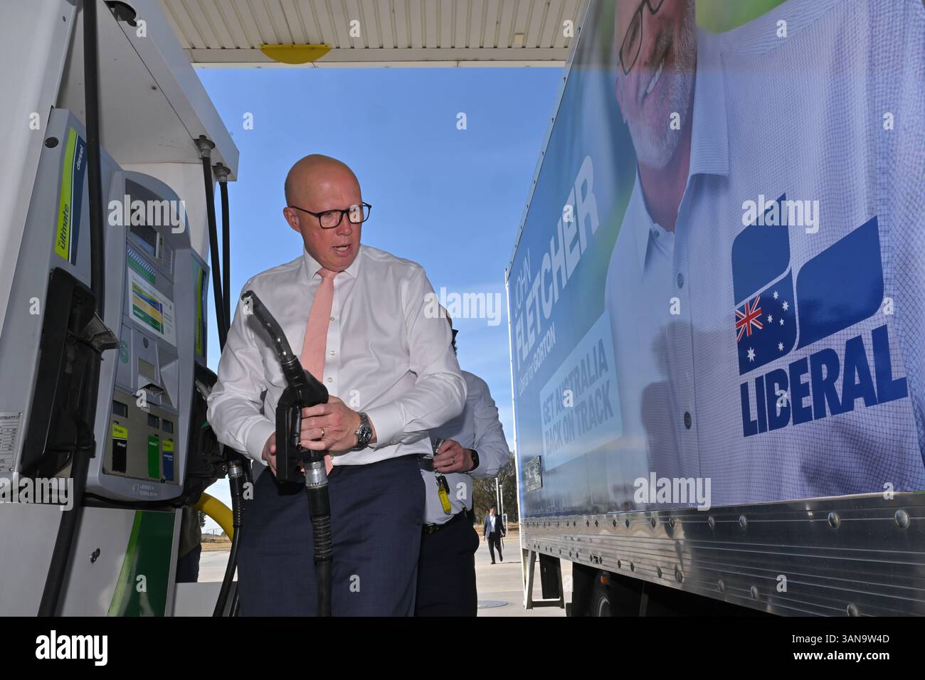 Leader of the Opposition Peter Dutton at a petrol station in Rockbank ...