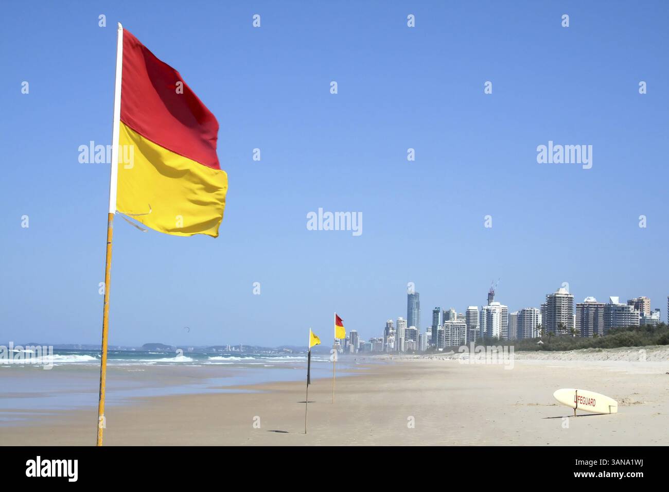Swimming safety flags on the Gold Coast Northern beach looking towards ...