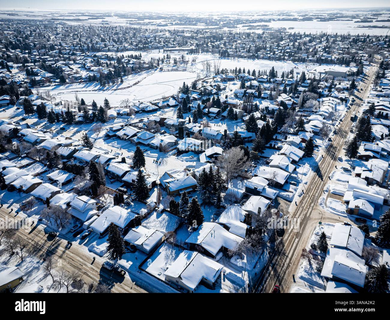 Snowy cityscape with houses and trees covered in snow. Scene is ...