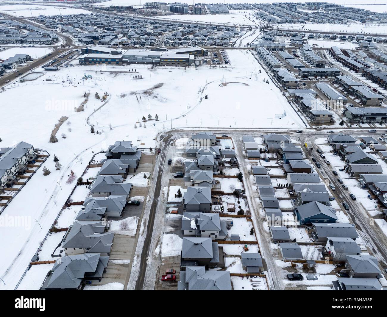 Snowy cityscape with houses and a few cars. The houses are all white ...