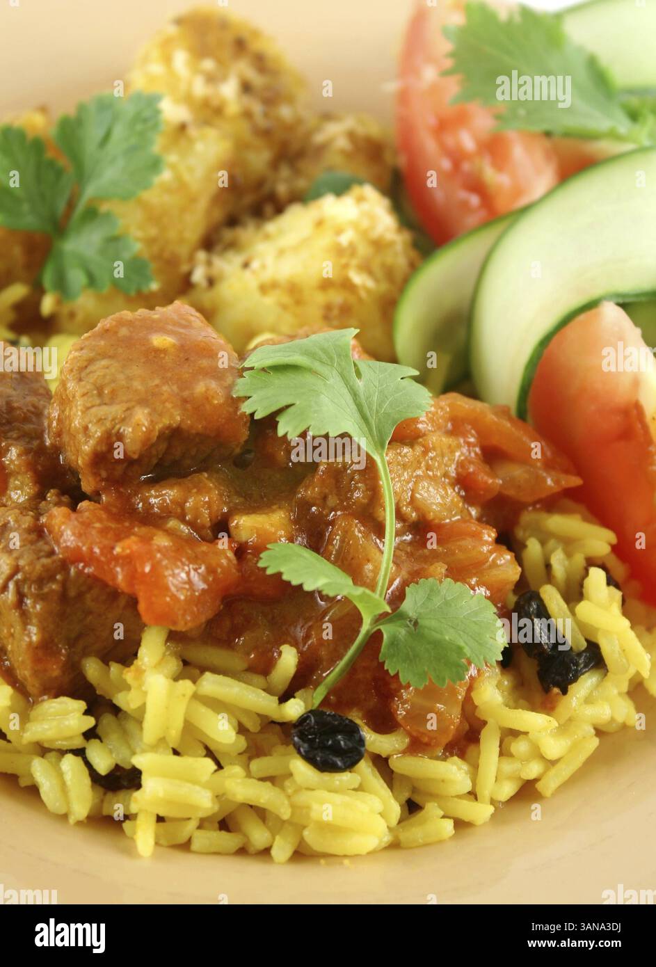 Beef vindaloo curry on tumeric rice with a side salad Stock Photo - Alamy