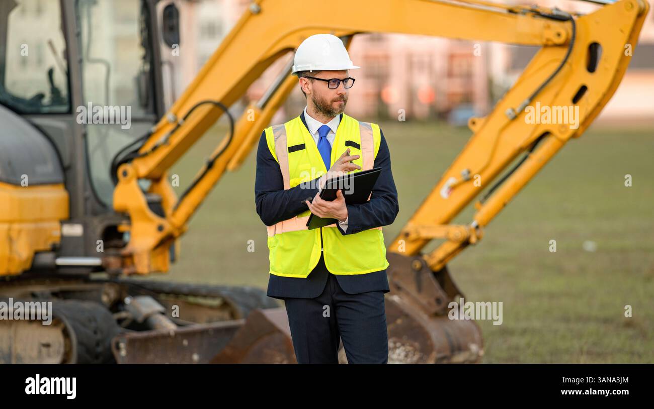 Project details. Supervisor engineer. Construction site. Man architect ...