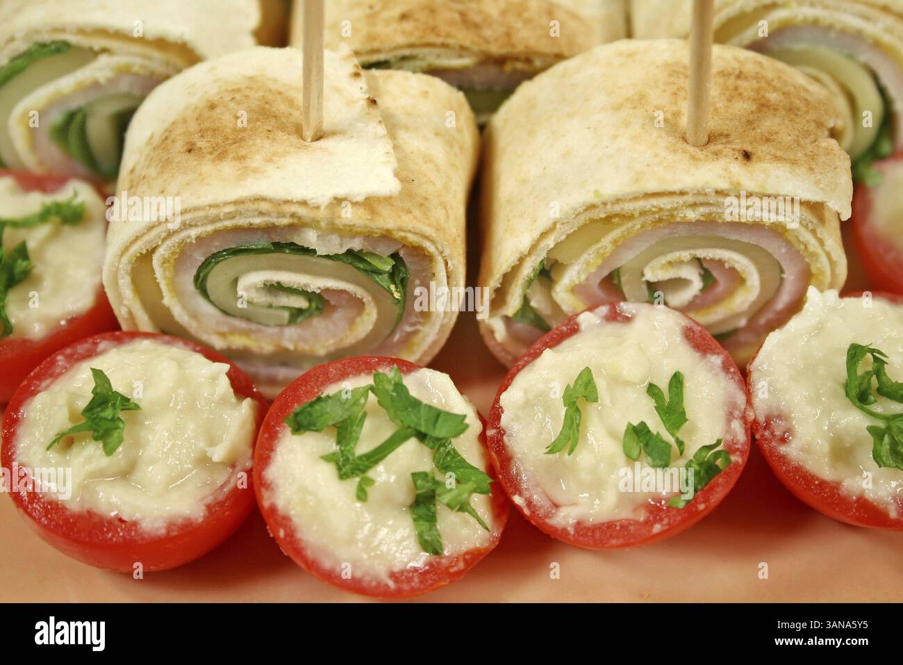 Bite size roll ups with ham, cheese and spinach and stuffed cherry ...